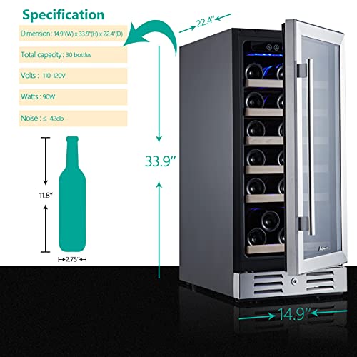 Kalamera Mini Fridge 15" Wine Cooler Refrigerator - 30 Bottle Wine Fridge with Stainless Steel Refrigerator& Double-Layer Tempered Glass Door and Temperature Memory Function Built-in or Freestanding