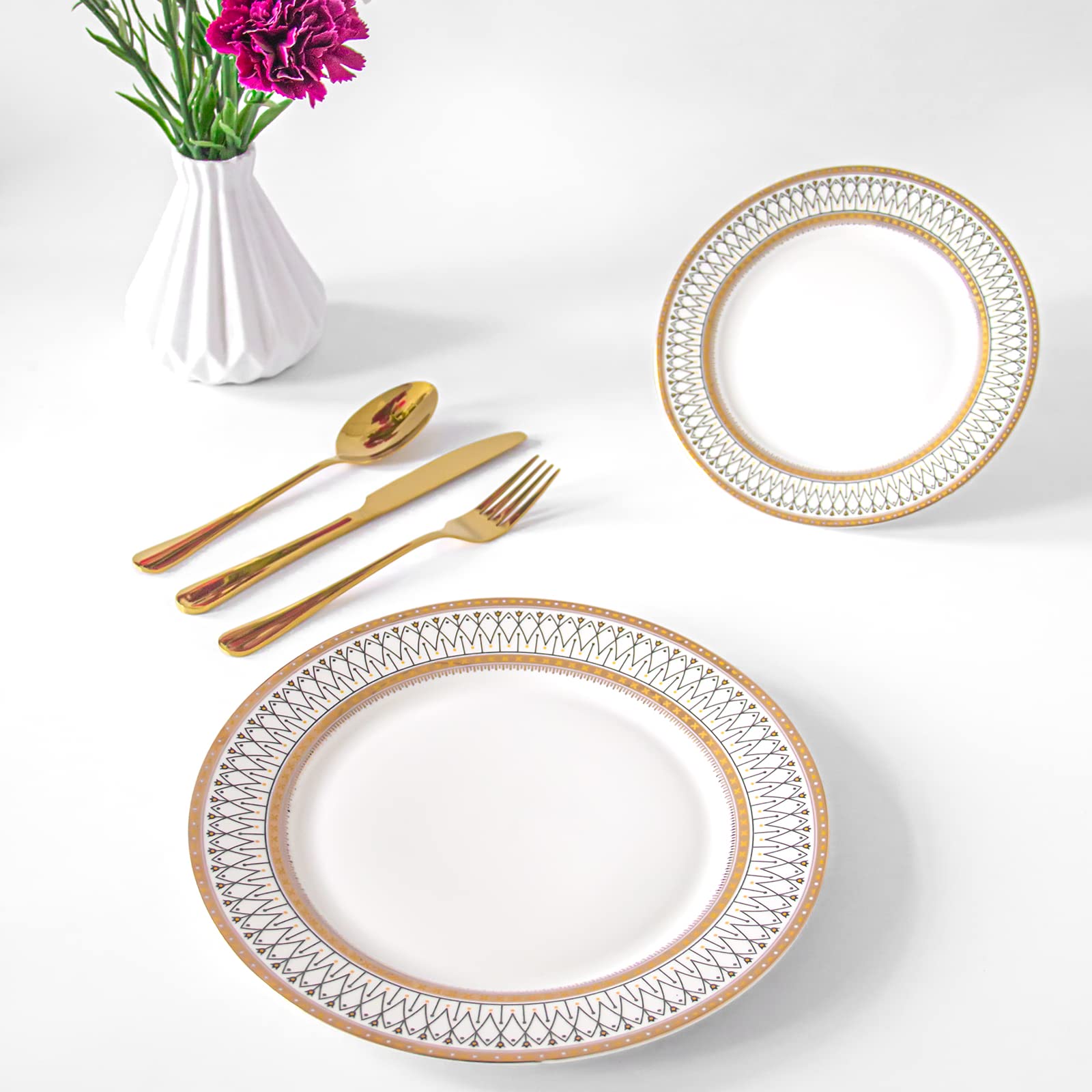 DUEBEL 4-Person Dinner Service Set, Includes 4 Ceramic Dinner Plates and 4 Ceramic Salad Plates with Gold Rim, 4 Cutlery Set for 4 Persons, Modern & Stunning Design