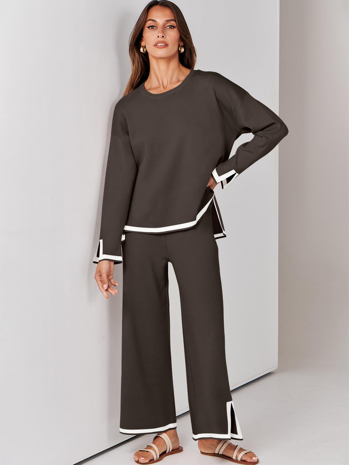 ANRABESS Women's Two Piece Outfits Long Sleeve Knit Pullover Sweater Tops & Wide leg Pants Casual Lounge Matching Sweatsuit Tracksuits Sets Coffee Large