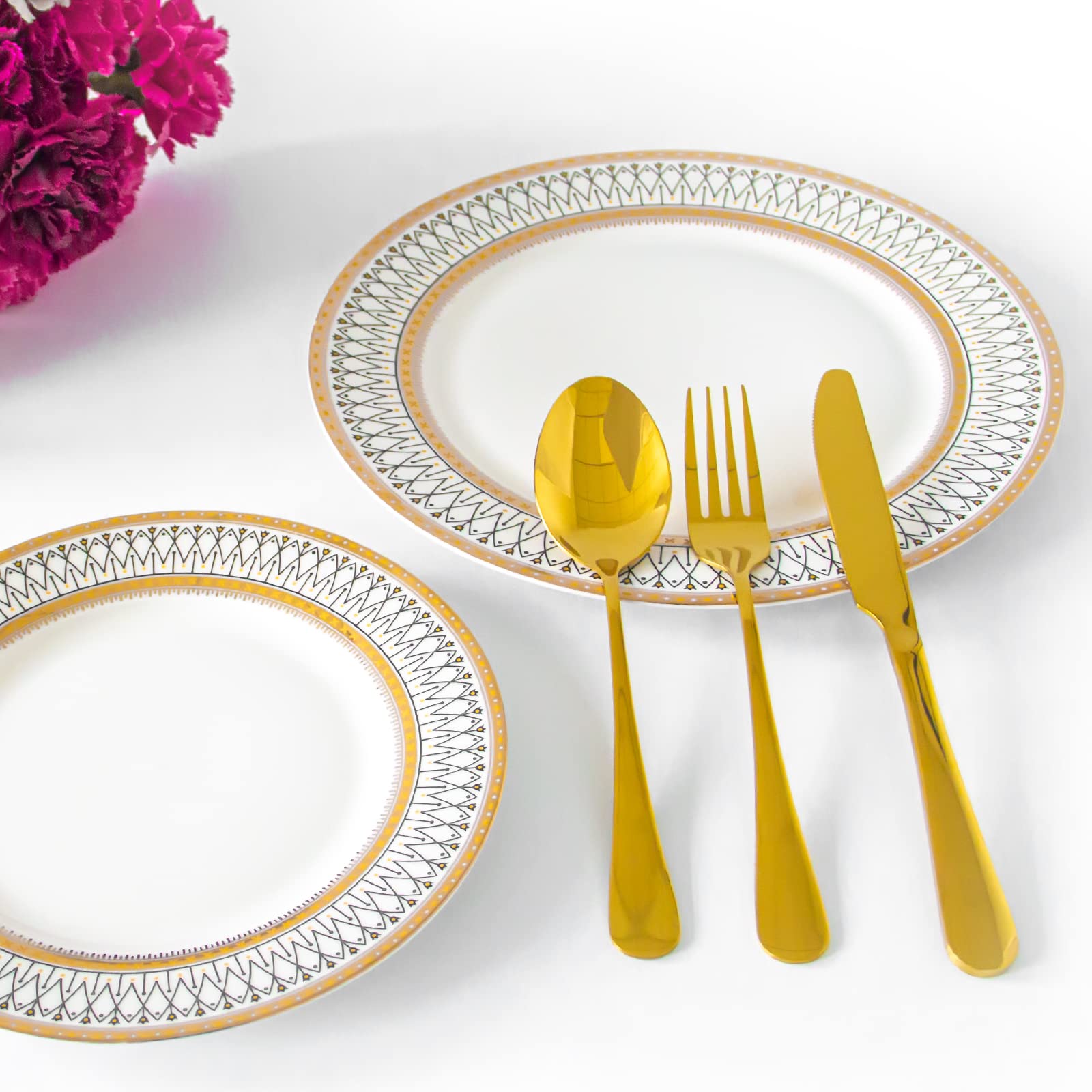 DUEBEL 4-Person Dinner Service Set, Includes 4 Ceramic Dinner Plates and 4 Ceramic Salad Plates with Gold Rim, 4 Cutlery Set for 4 Persons, Modern & Stunning Design
