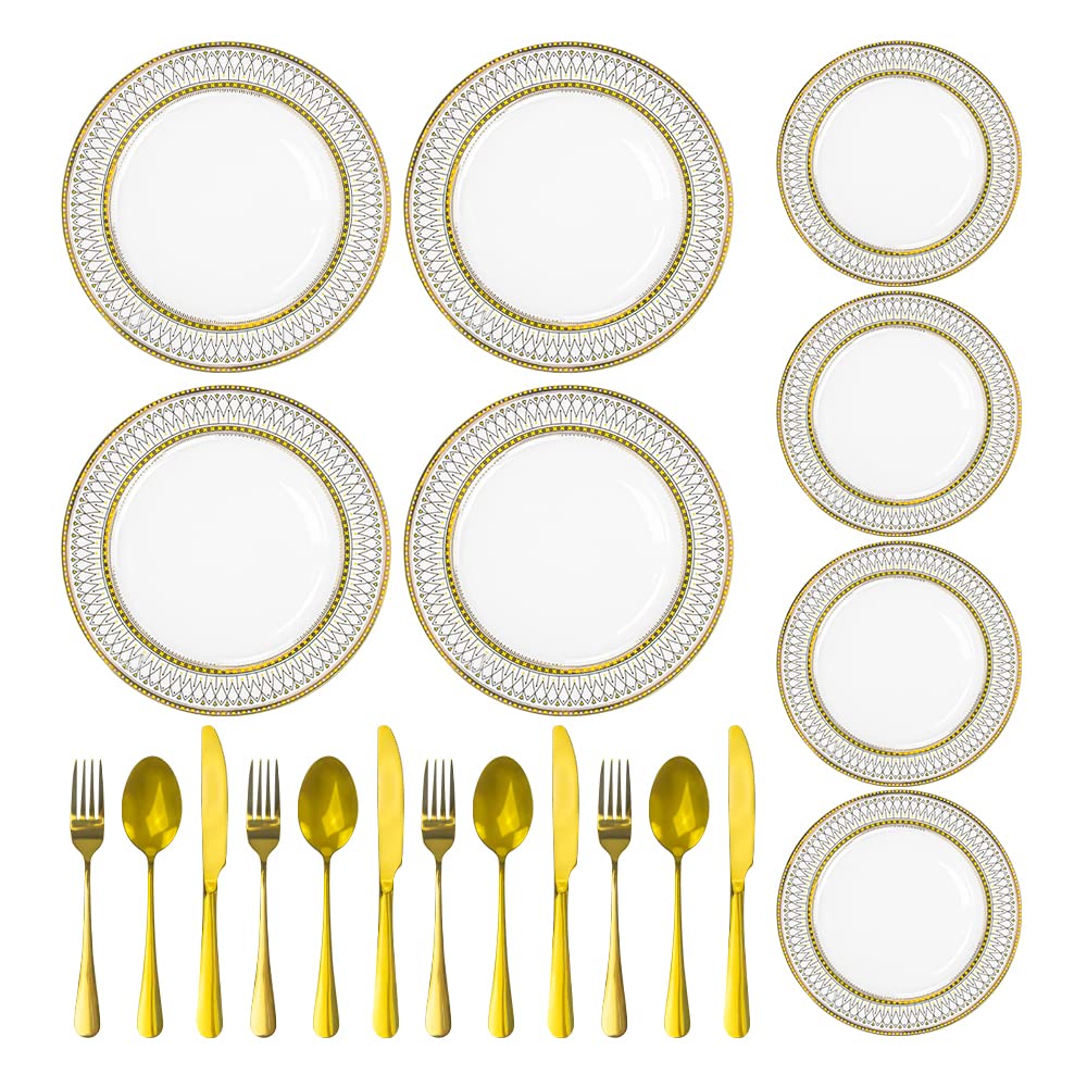 DUEBEL 4-Person Dinner Service Set, Includes 4 Ceramic Dinner Plates and 4 Ceramic Salad Plates with Gold Rim, 4 Cutlery Set for 4 Persons, Modern & Stunning Design