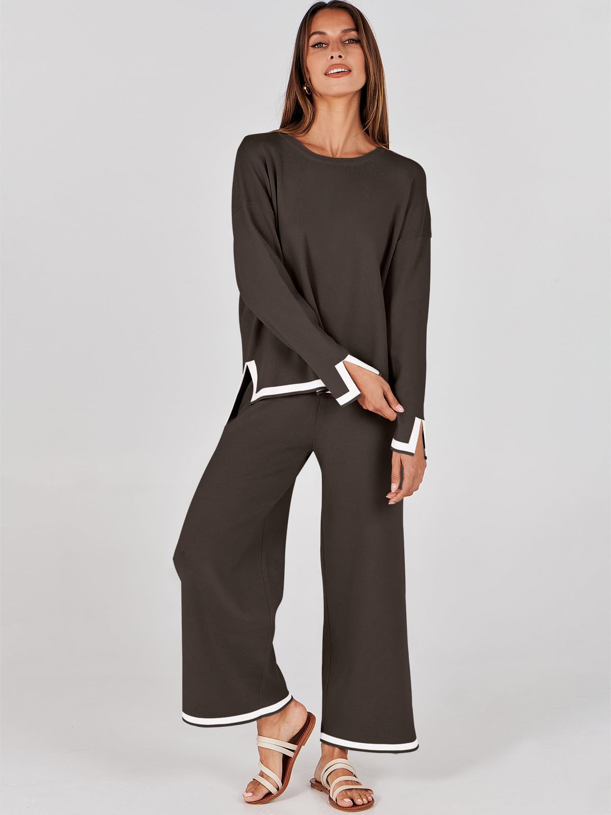 ANRABESS Women's Two Piece Outfits Long Sleeve Knit Pullover Sweater Tops & Wide leg Pants Casual Lounge Matching Sweatsuit Tracksuits Sets Coffee Large