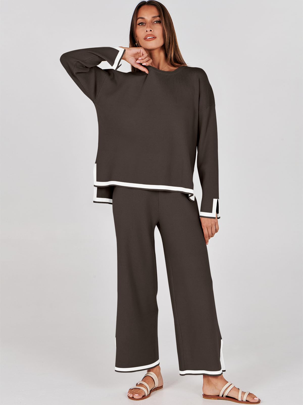 ANRABESS Women's Two Piece Outfits Long Sleeve Knit Pullover Sweater Tops & Wide leg Pants Casual Lounge Matching Sweatsuit Tracksuits Sets Coffee Large