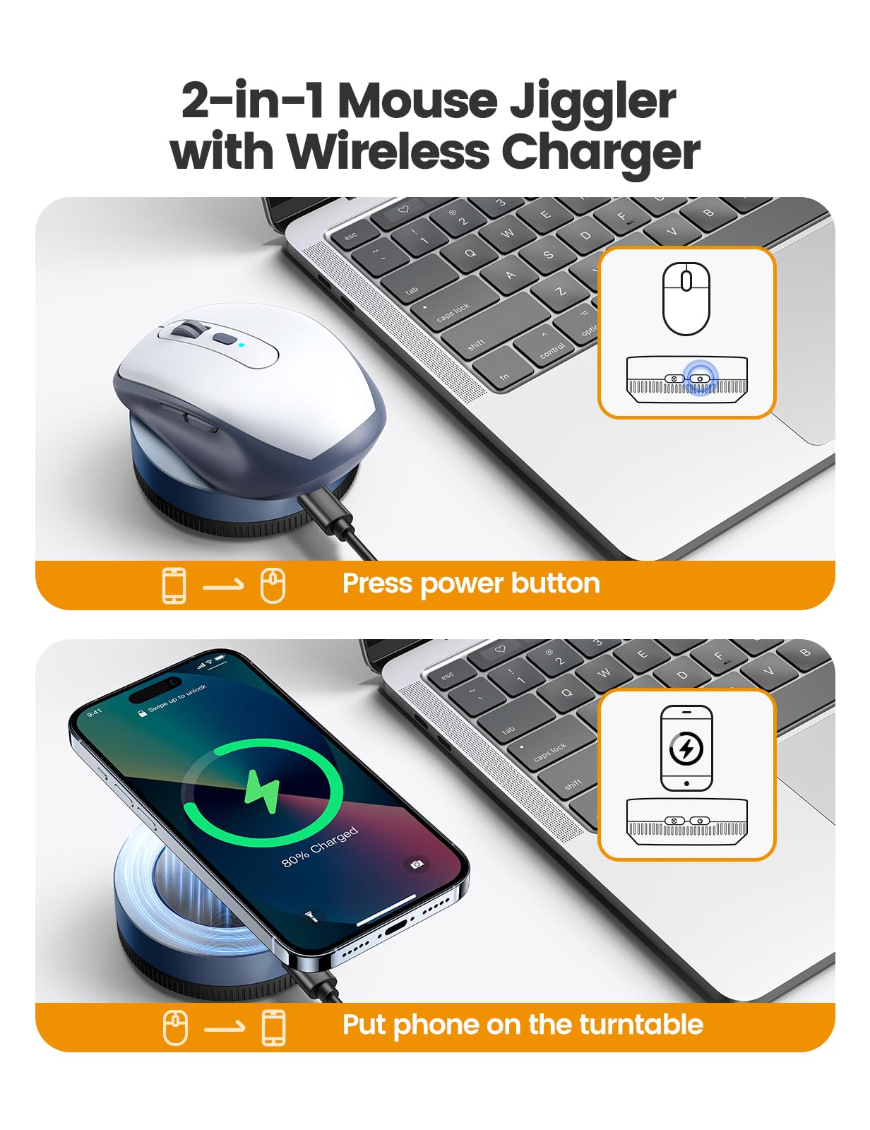 STARSIKI 2-in-1 Mouse Jiggler and Wireless Charger, Mouse Mover Undetectable Device Automatic Phone Charging Pad, Quiet Mice Shaker Wiggler Giggler Juggler to Keep Moving for Office/Work from Home