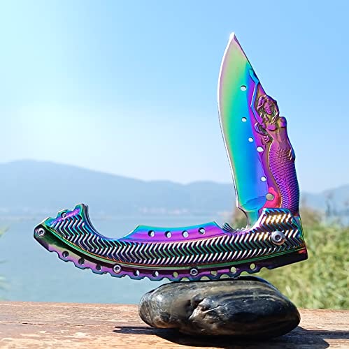 Vividstill Pocket Knife for Men, Cool Rainbow Folding Knife With 3D Mermaid, Great Gift Edc Knife For Men Outdoor Survival Camping Hiking(rainbow)