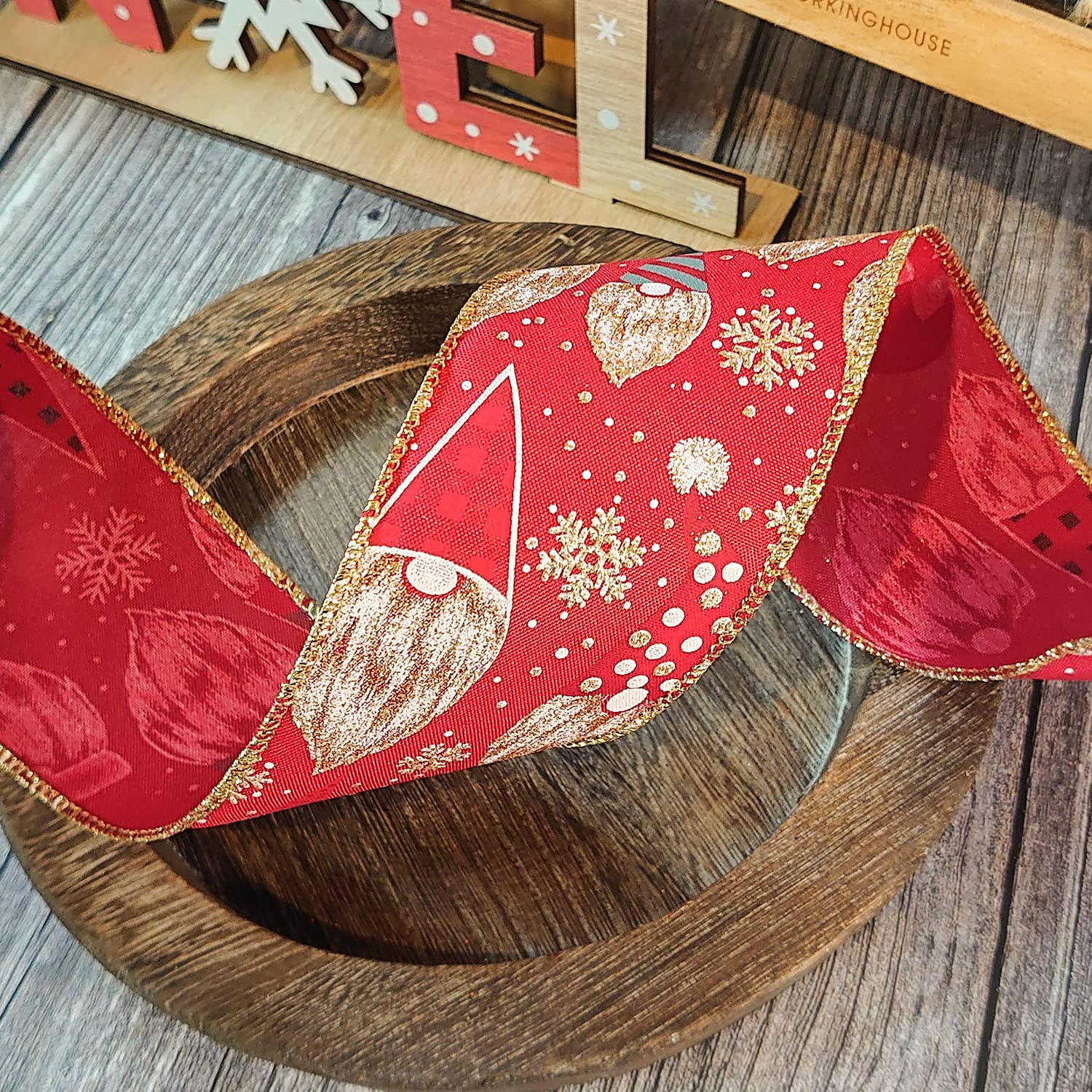 CT CRAFT LLC Red Satin with Elf Christmas Wired Ribbon 2.5 Inch x 25 Yards for Christmas Home Decor Tree Topper Bow Gift Wrapping DIY Crafts Wreath Garland