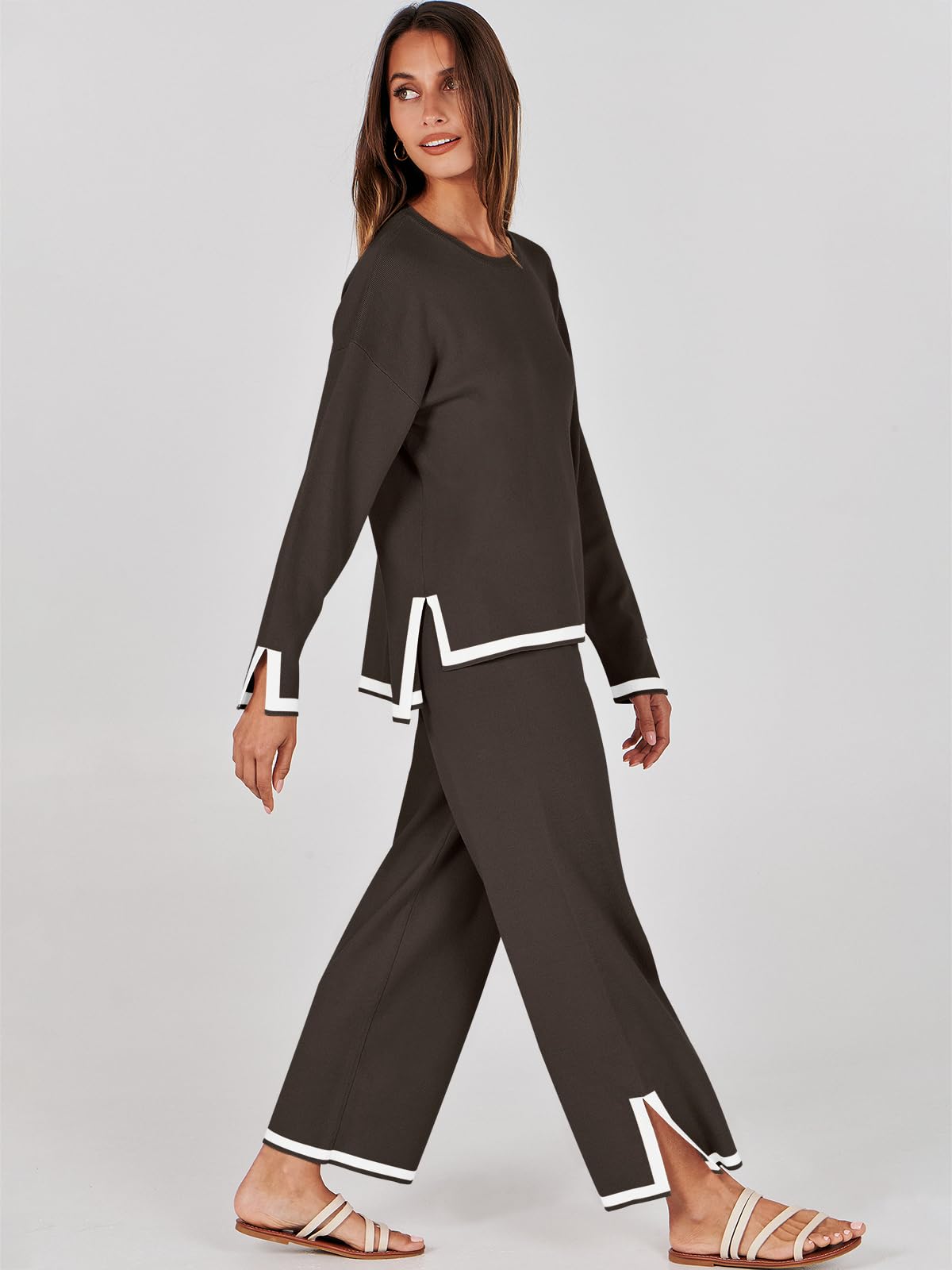 ANRABESS Women's Two Piece Outfits Long Sleeve Knit Pullover Sweater Tops & Wide leg Pants Casual Lounge Matching Sweatsuit Tracksuits Sets Coffee Large