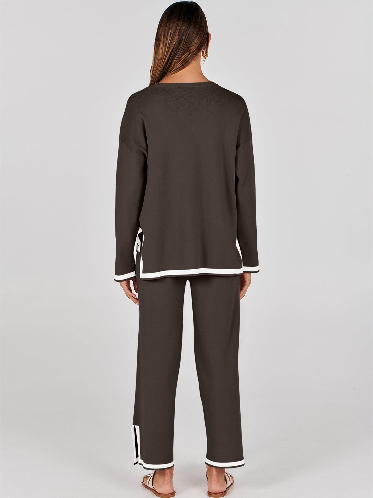 ANRABESS Women's Two Piece Outfits Long Sleeve Knit Pullover Sweater Tops & Wide leg Pants Casual Lounge Matching Sweatsuit Tracksuits Sets Coffee Large
