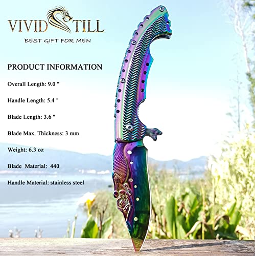 Vividstill Pocket Knife for Men, Cool Rainbow Folding Knife With 3D Mermaid, Great Gift Edc Knife For Men Outdoor Survival Camping Hiking(rainbow)