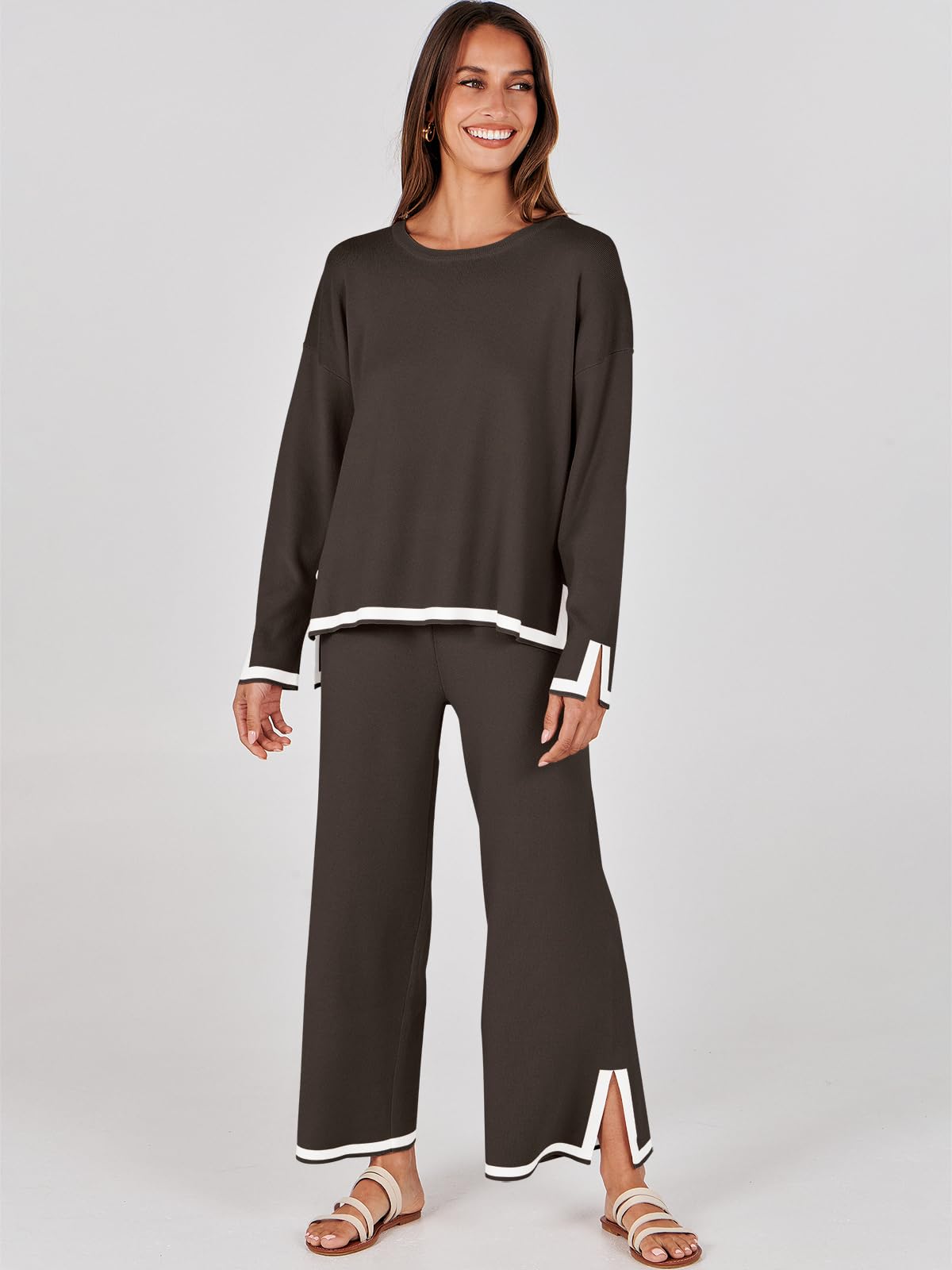ANRABESS Women's Two Piece Outfits Long Sleeve Knit Pullover Sweater Tops & Wide leg Pants Casual Lounge Matching Sweatsuit Tracksuits Sets Coffee Large
