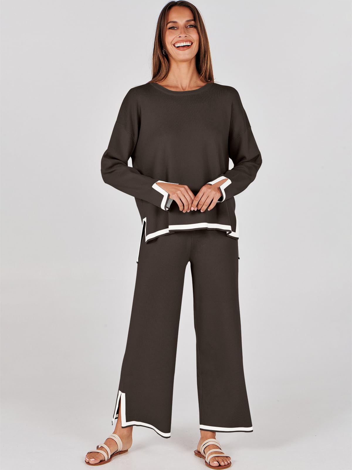 ANRABESS Women's Two Piece Outfits Long Sleeve Knit Pullover Sweater Tops & Wide leg Pants Casual Lounge Matching Sweatsuit Tracksuits Sets Coffee Large