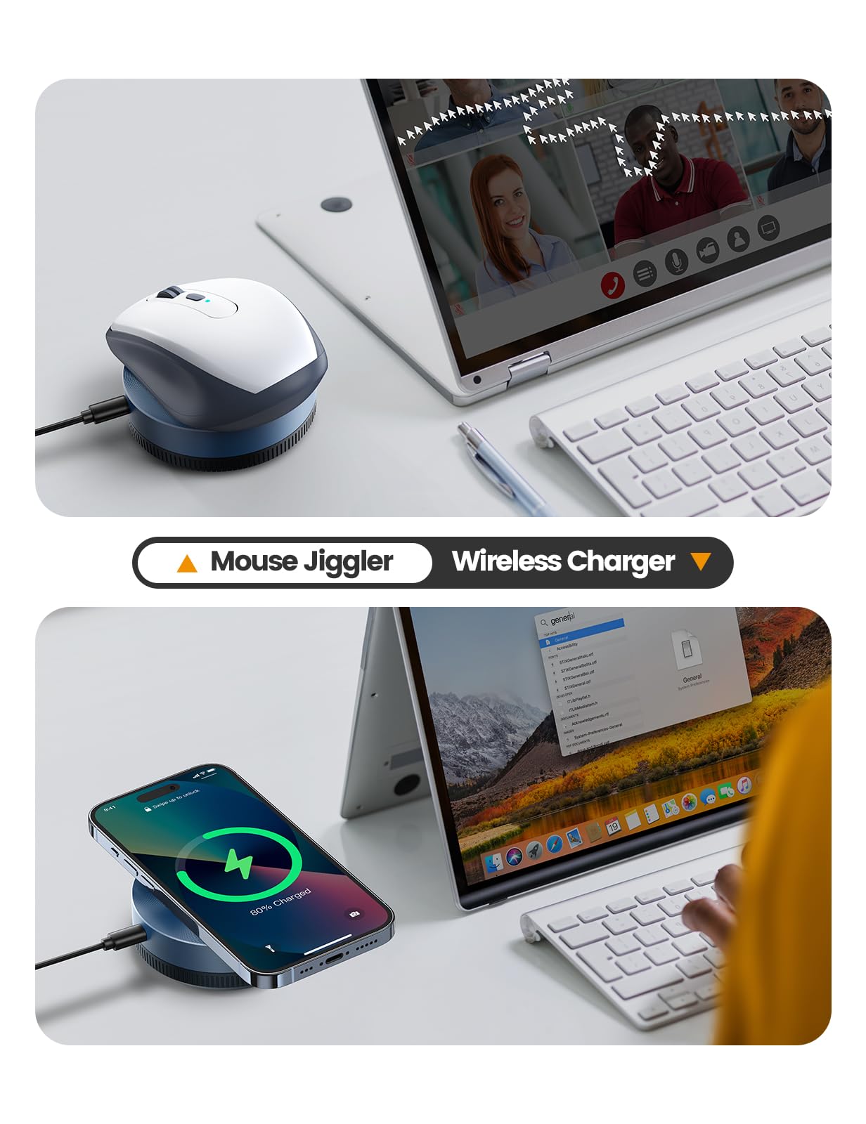 STARSIKI 2-in-1 Mouse Jiggler and Wireless Charger, Mouse Mover Undetectable Device Automatic Phone Charging Pad, Quiet Mice Shaker Wiggler Giggler Juggler to Keep Moving for Office/Work from Home