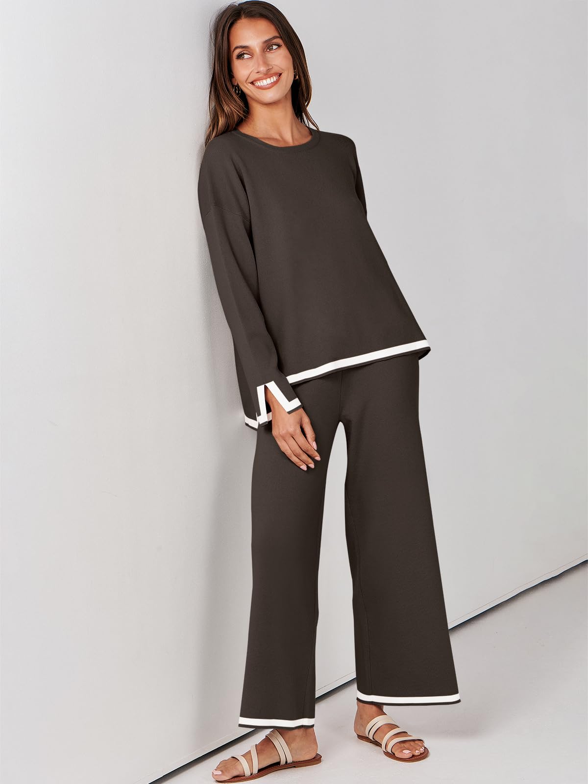 ANRABESS Women's Two Piece Outfits Long Sleeve Knit Pullover Sweater Tops & Wide leg Pants Casual Lounge Matching Sweatsuit Tracksuits Sets Coffee Large