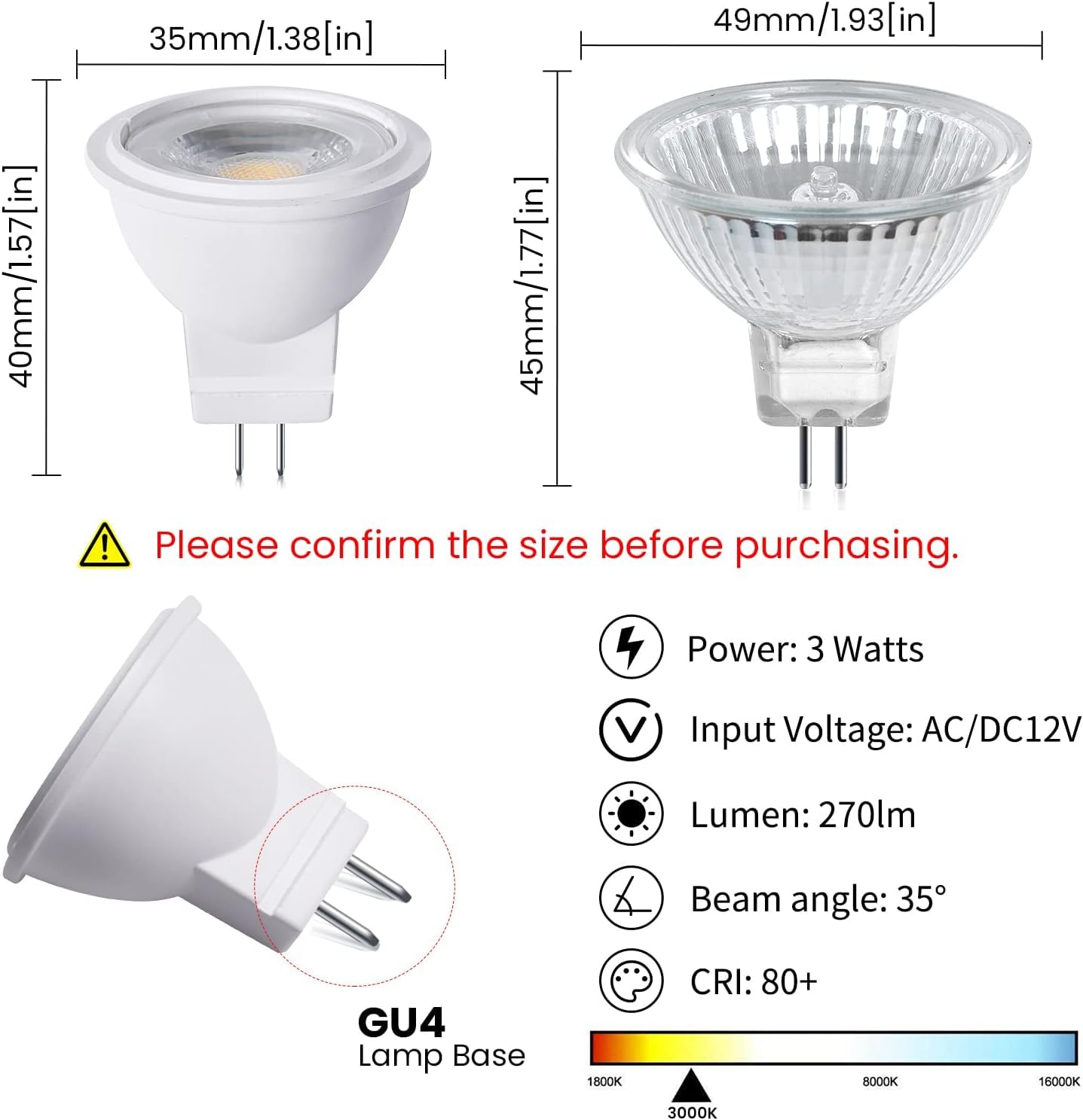 Lustaled 12V MR11 GU4.0 LED Light Bulb 3W G4/GU4/GZ4 Bi-Pin Base LED Spot Light Low Voltage MR11 Landscape Bulbs 25W Halogen Equivalent Warm White 3000K for Accent Recessed Lamp (4-Pack)