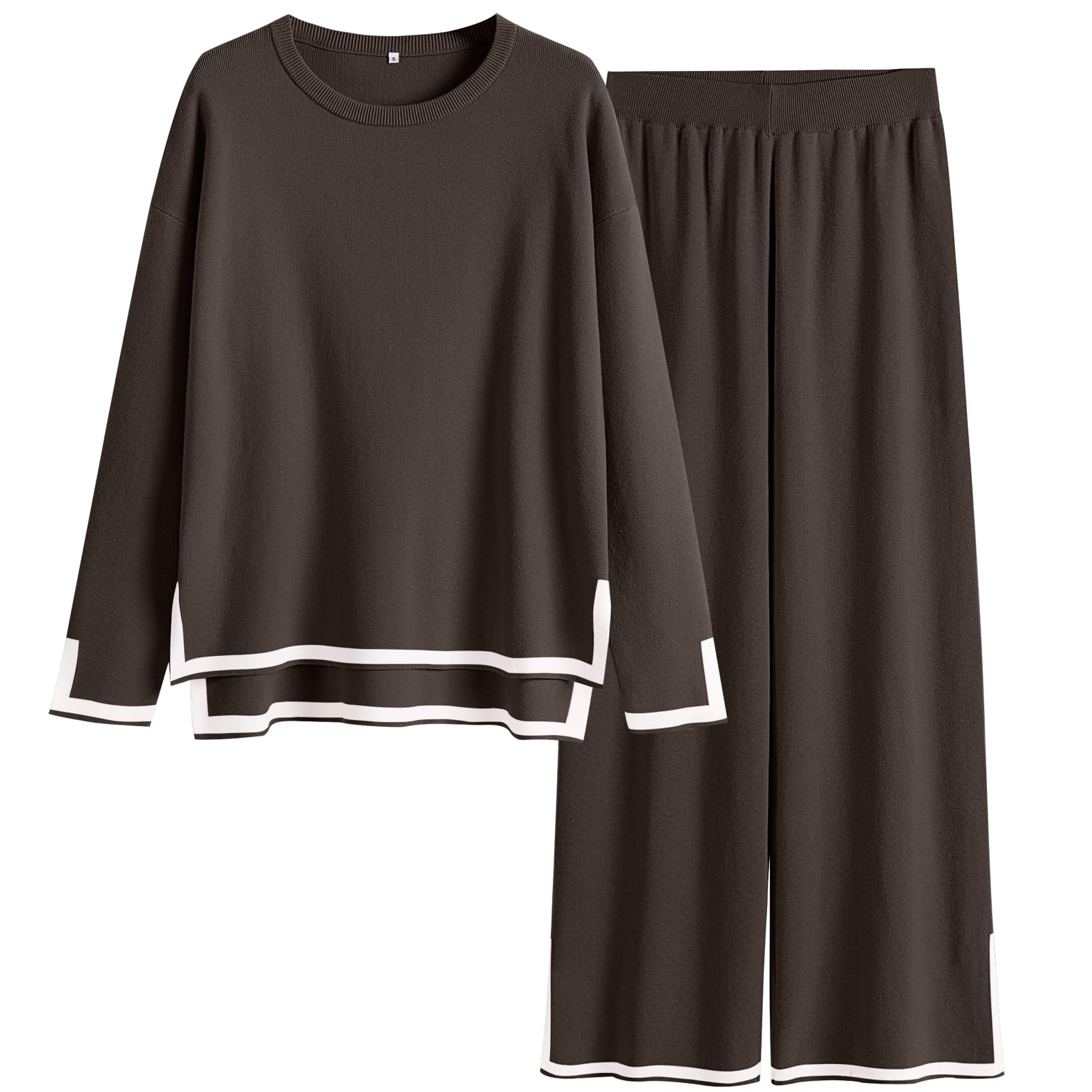 ANRABESS Women's Two Piece Outfits Long Sleeve Knit Pullover Sweater Tops & Wide leg Pants Casual Lounge Matching Sweatsuit Tracksuits Sets Coffee Large