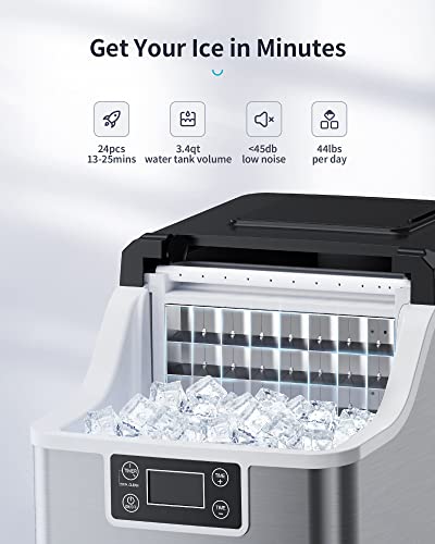 ecozy Portable Ice Makers Countertop, 44lbs Per Day, 24 Cubes Ready in 13 Mins, 2 Ways to Add Water, Self-Cleaning Ice Maker with Ice Bags/Ice Scoop/Ice Basket for Home Office Bar Party, Silver