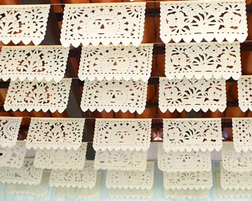 Cream Papel Picado Banners, Mexican tissue papel picado, Neutral weddings/fiesta party decorations, Off white Mexican cut out garland made from tissue paper, Pre-assembled on string for easy hanging ws001