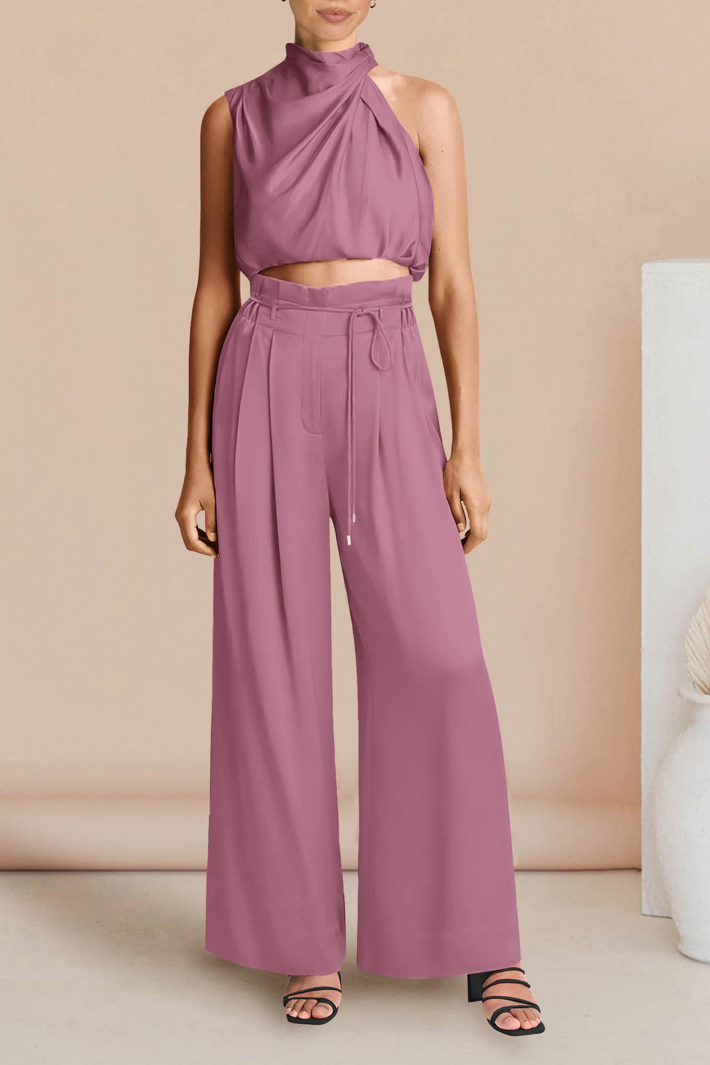 PRETTYGARDEN Women's 2 Piece Outfits 2025 Summer Casual Sleeveless Mock Neck Crop Tops Wide Leg Pants Set (Pink,X-Large)