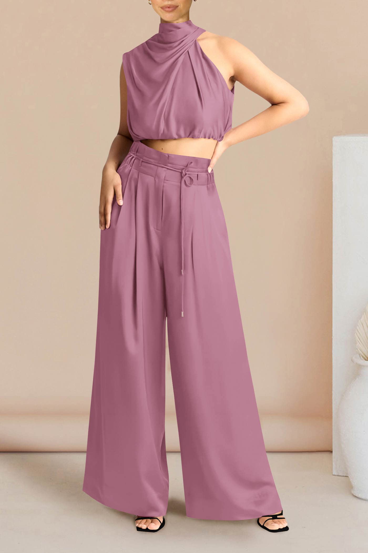 PRETTYGARDEN Women's 2 Piece Outfits 2025 Summer Casual Sleeveless Mock Neck Crop Tops Wide Leg Pants Set (Pink,X-Large)