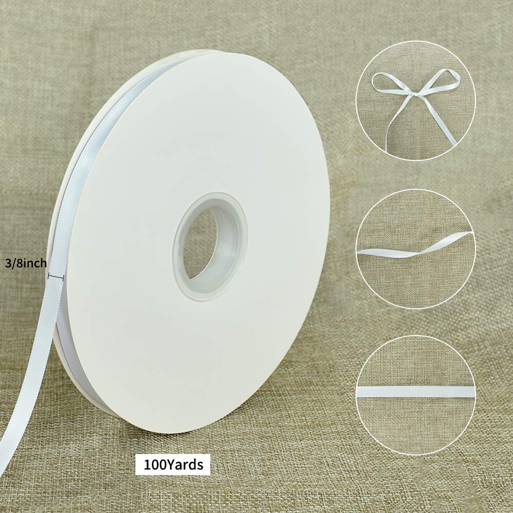 TONIFUL 3/8 Inch x 100yds White Satin Ribbon Thin Solid Fabric Ribbons Roll for Gift Wrapping Invitation Floral Hair Balloons Craft Sewing Party Wedding Popsicles Decoration Valentine's Day Bouquet