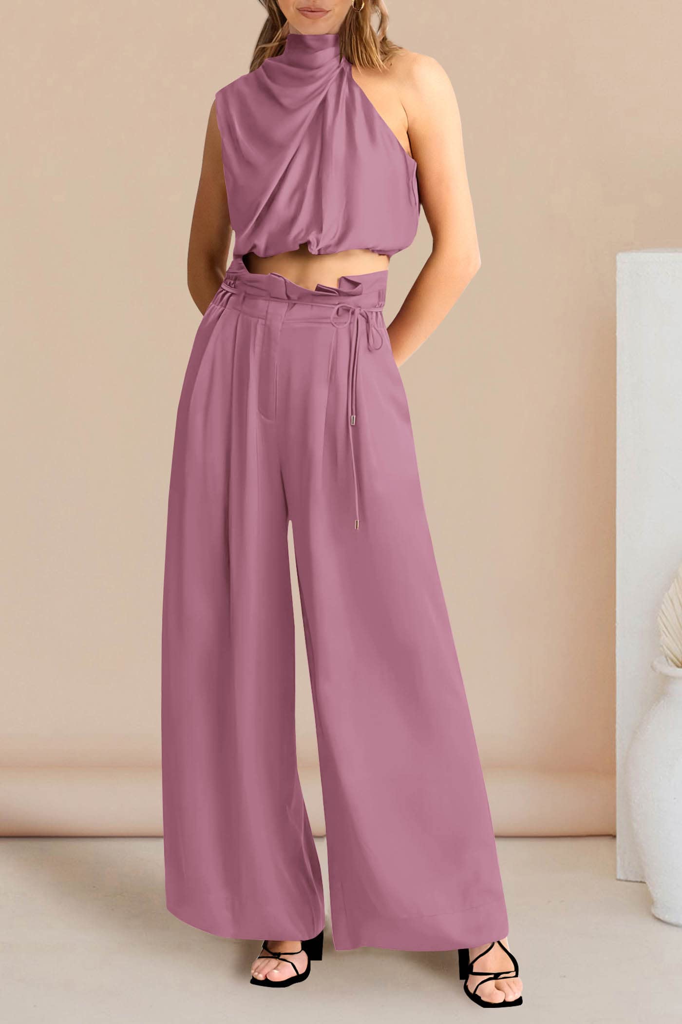 PRETTYGARDEN Women's 2 Piece Outfits 2025 Summer Casual Sleeveless Mock Neck Crop Tops Wide Leg Pants Set (Pink,X-Large)