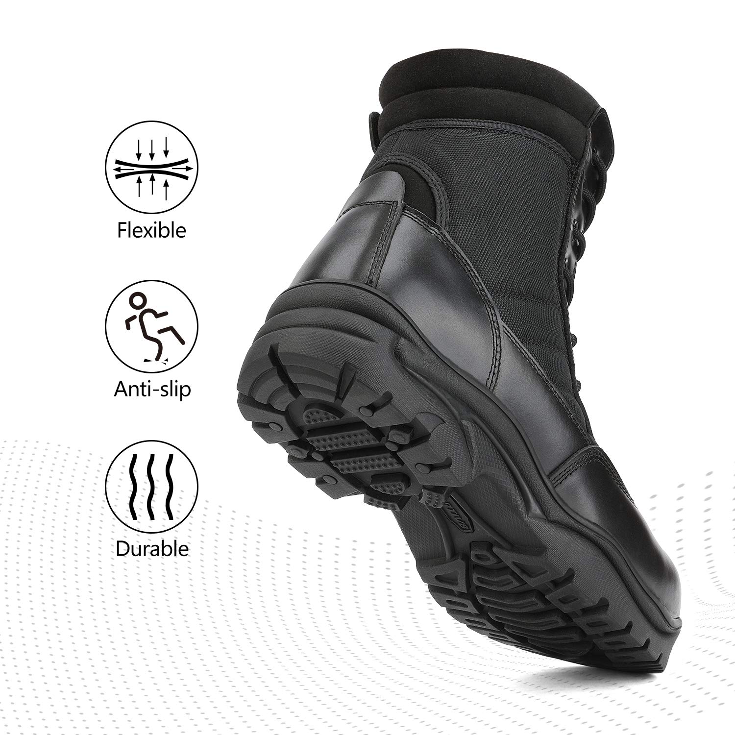 NORTIV 8 Mens Military Tactical Work Boots Side Zipper Leather Outdoor 8 Inches Motorcycle Combat Boots Size 12 Wide US Trooper-W, Black-8 Inches