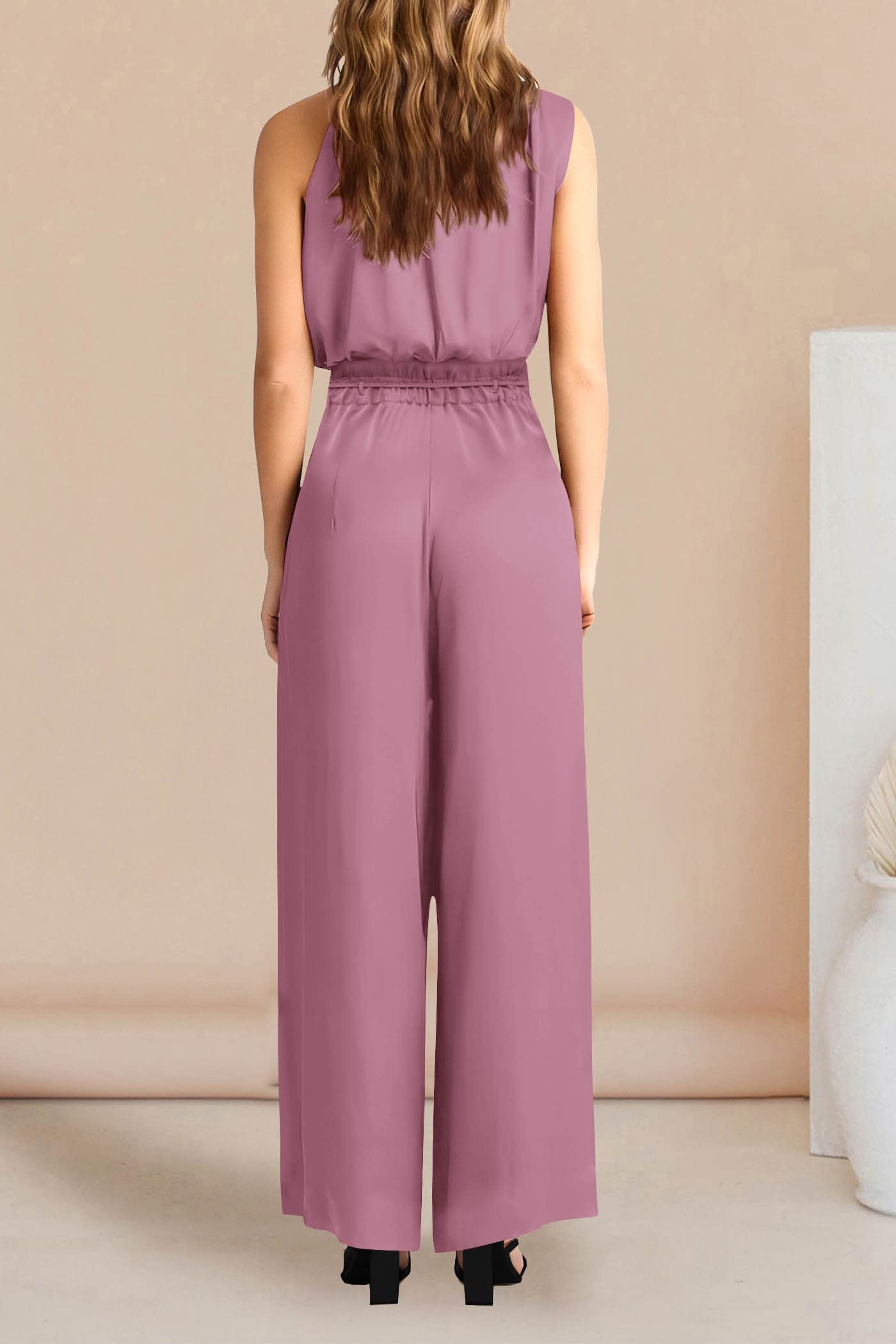 PRETTYGARDEN Women's 2 Piece Outfits 2025 Summer Casual Sleeveless Mock Neck Crop Tops Wide Leg Pants Set (Pink,X-Large)
