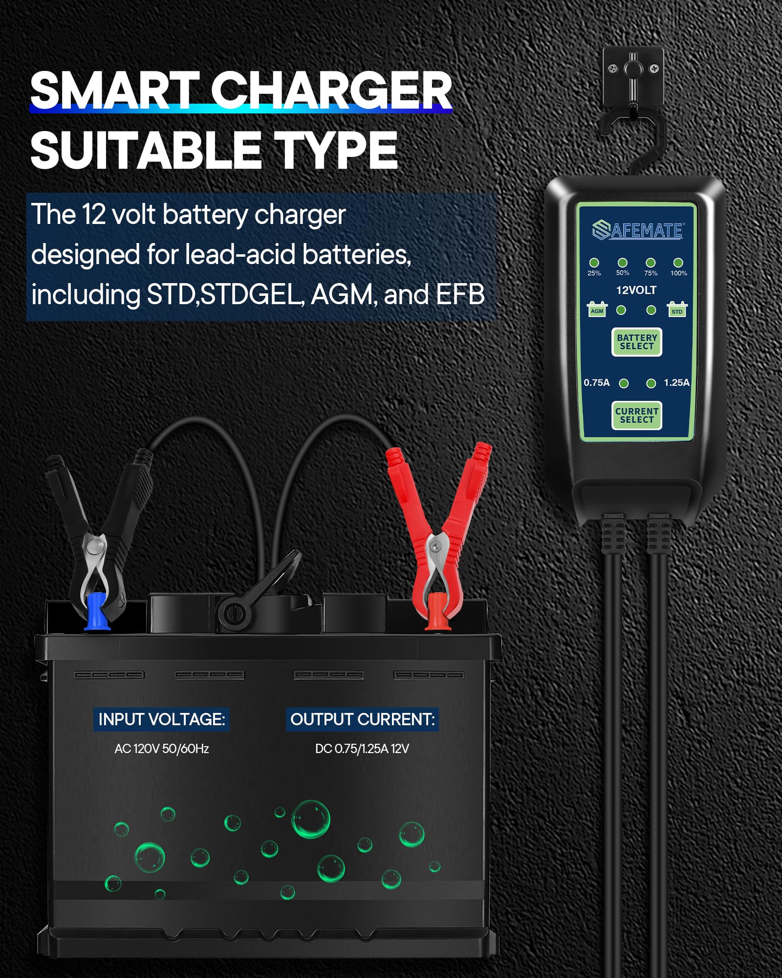 SAFEMATE 12V Battery Charger, 0.75A/1.25A Full Automatic Trickle Charger, Battery Maintainer, and Battery Desulfator, for Car, Motorcycle, Lawn Mower Lead Acid Batteries
