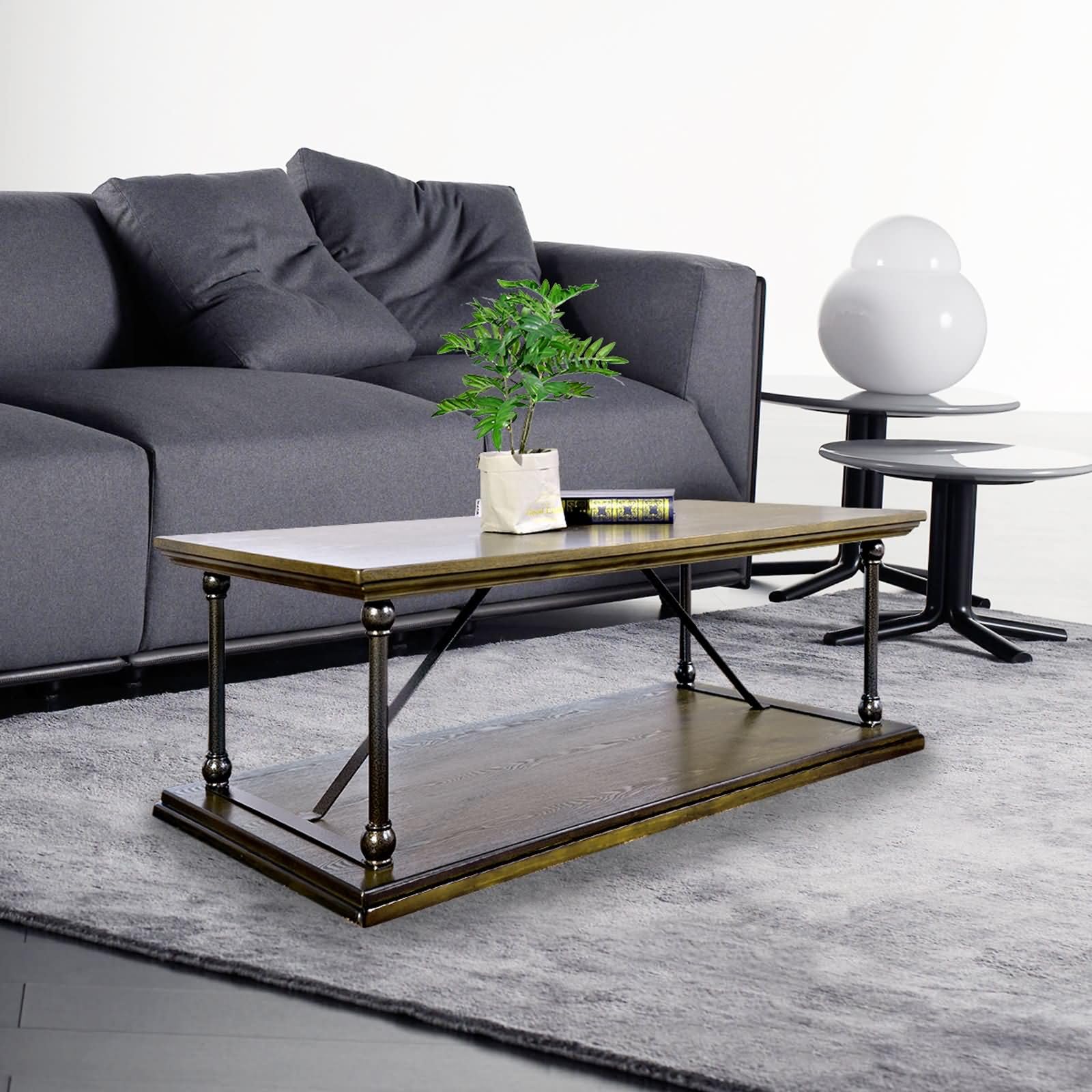 Gualiy Coffee Table with Bottom Shelf in Brown & Black, Modern End Tables, 47.20" L x 23.60" W x 16.90" H