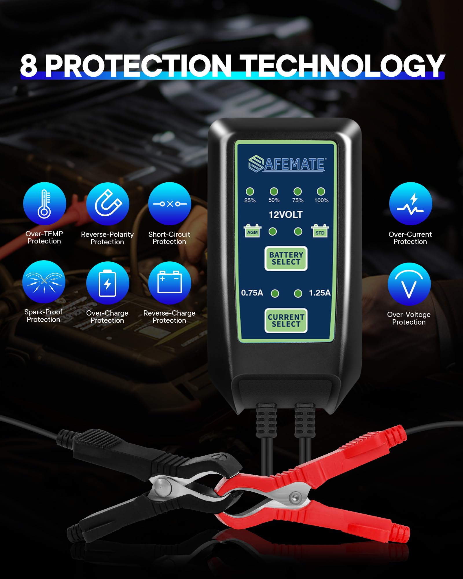 SAFEMATE 12V Battery Charger, 0.75A/1.25A Full Automatic Trickle Charger, Battery Maintainer, and Battery Desulfator, for Car, Motorcycle, Lawn Mower Lead Acid Batteries