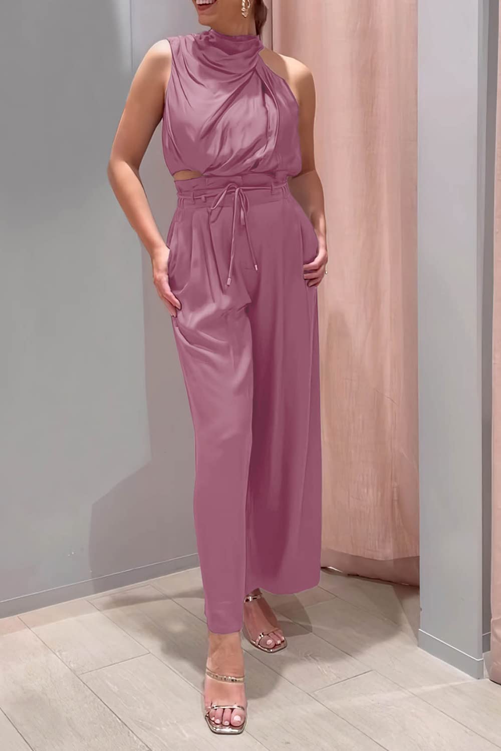 PRETTYGARDEN Women's 2 Piece Outfits 2025 Summer Casual Sleeveless Mock Neck Crop Tops Wide Leg Pants Set (Pink,X-Large)