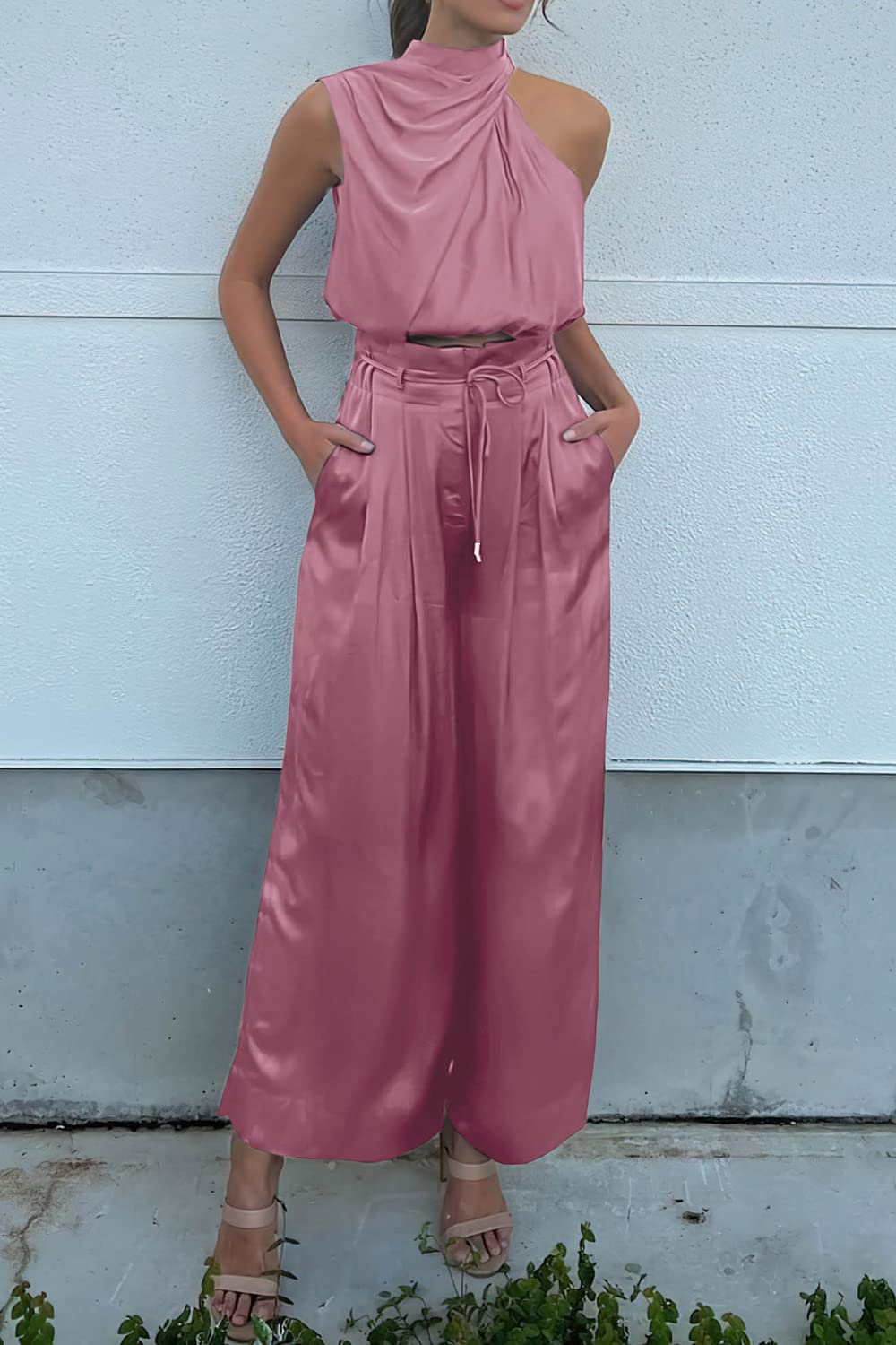 PRETTYGARDEN Women's 2 Piece Outfits 2025 Summer Casual Sleeveless Mock Neck Crop Tops Wide Leg Pants Set (Pink,X-Large)