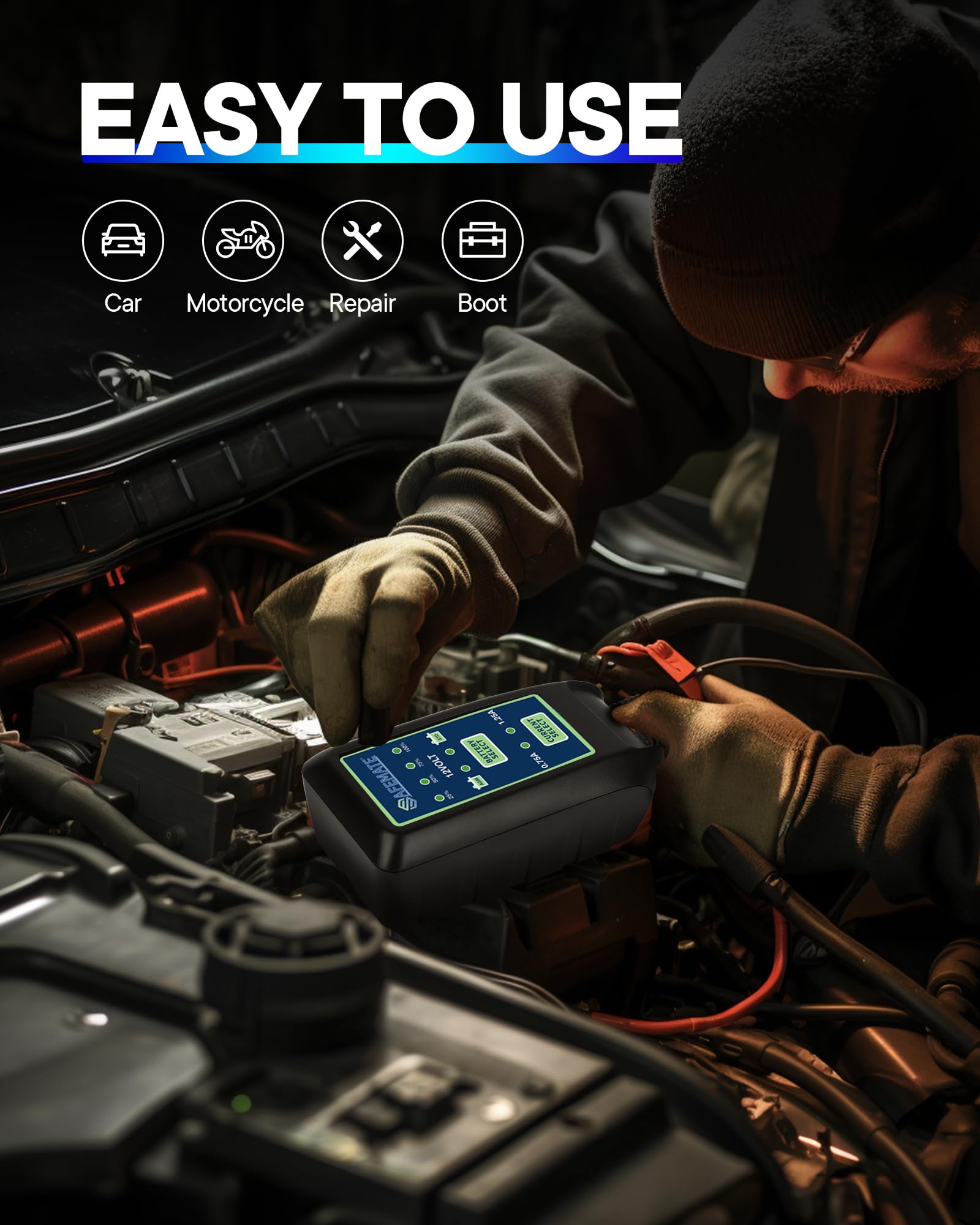 SAFEMATE 12V Battery Charger, 0.75A/1.25A Full Automatic Trickle Charger, Battery Maintainer, and Battery Desulfator, for Car, Motorcycle, Lawn Mower Lead Acid Batteries