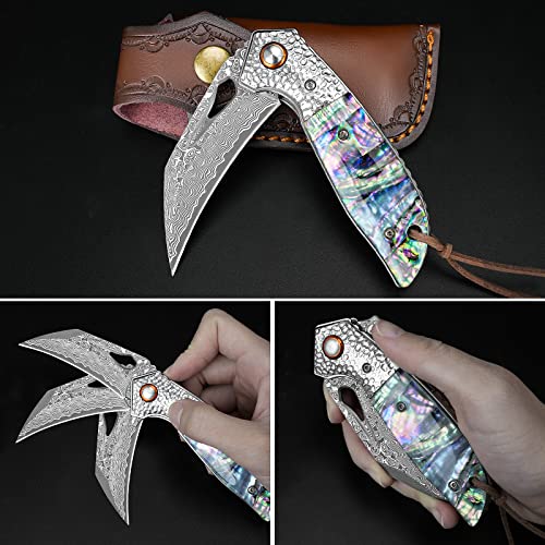 KOMWERO Damascus Pocket Knife for Men, VG10 Core Damascus Steel Folding Knife with Ball Bearing, Liner Lock, Abalone Shells Handle, Leather Sheath, Sharp EDC Knife for Gift Collection