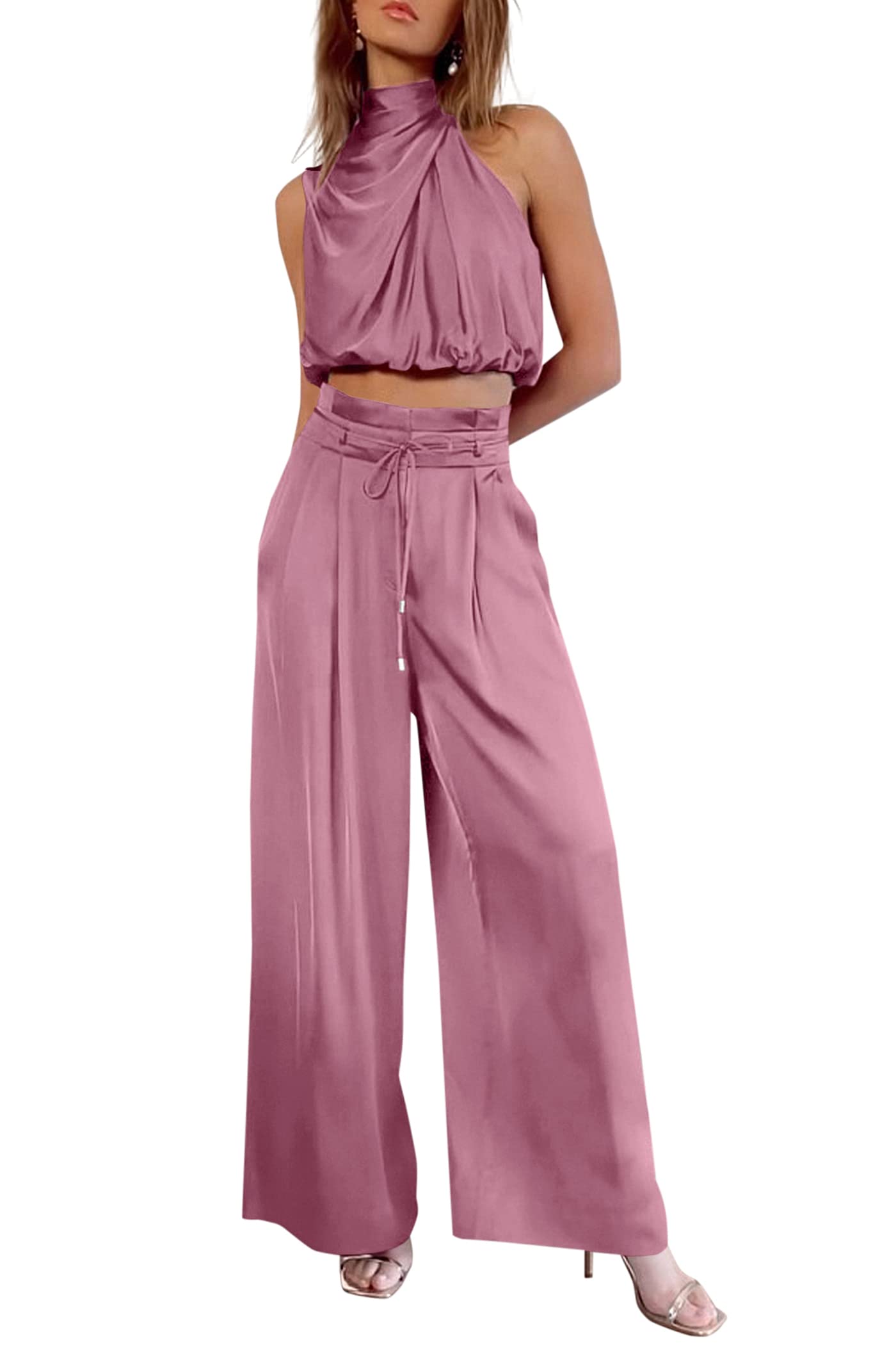 PRETTYGARDEN Women's 2 Piece Outfits 2025 Summer Casual Sleeveless Mock Neck Crop Tops Wide Leg Pants Set (Pink,X-Large)