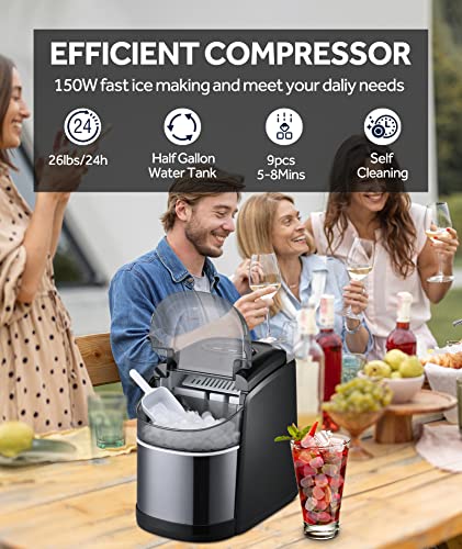 Countertop Ice Maker, FREE VILLAGE Ice Maker Machine for Countertop 9 Ice Ready in 6 Mins, 26Lbs/24H, Self-Cleaning Function, Portable Ice Maker with Ice Scoop & Basket for Home/Party/Camping (Black)