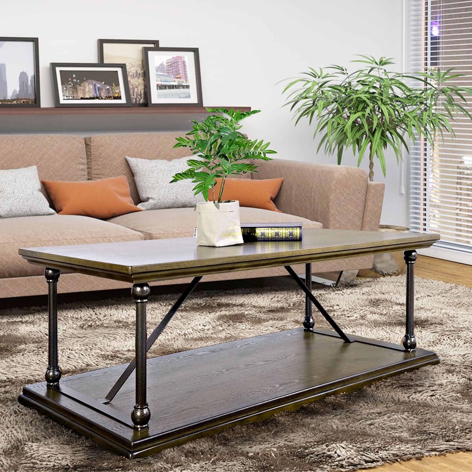 Gualiy Coffee Table with Bottom Shelf in Brown & Black, Modern End Tables, 47.20" L x 23.60" W x 16.90" H