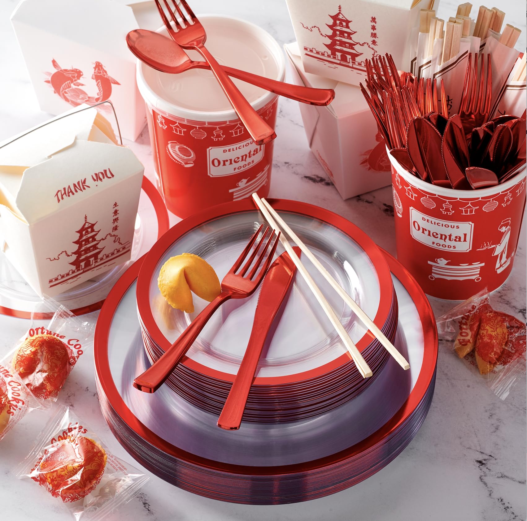 By Madee HEAVYWEIGHT 100 Pc Clear and Red Party Plates | Includes 50 Dinner & 50 Dessert Plates (50 Guests)