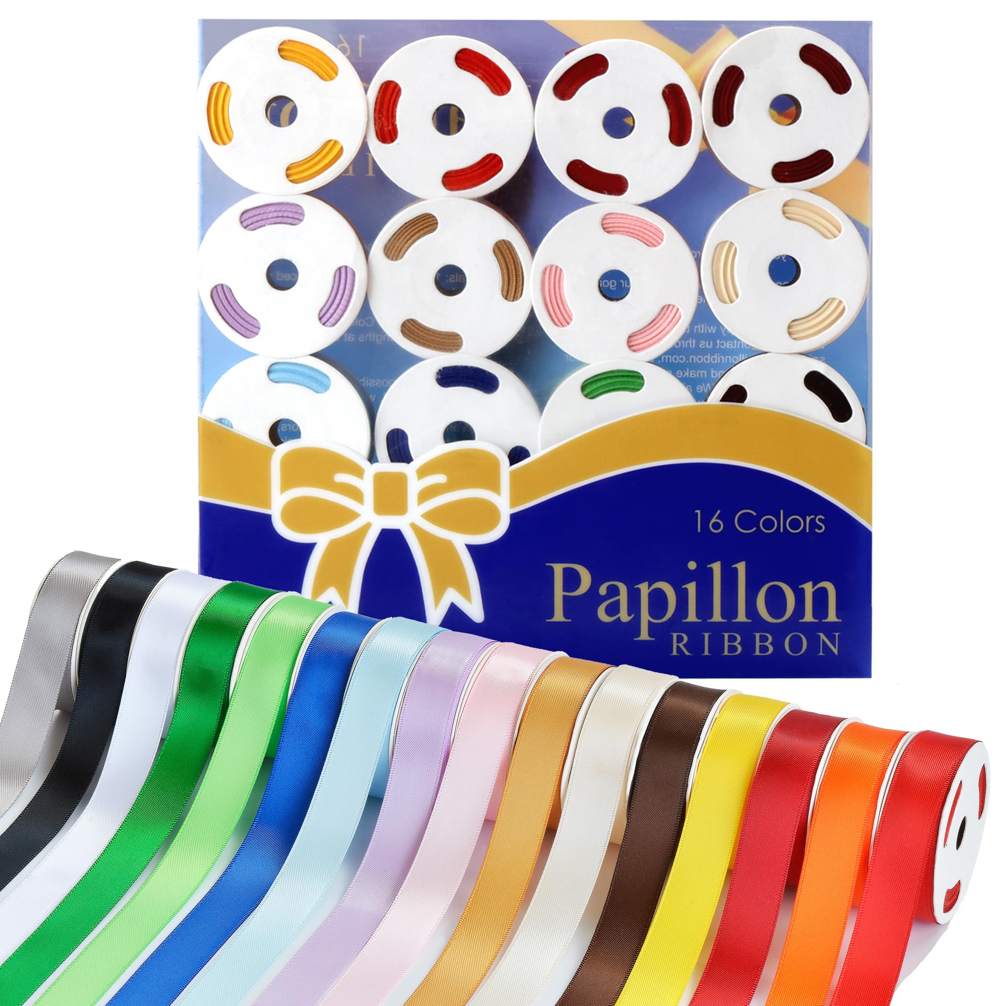 PAPILLON 16 Pack 5/8”x5 Yards - Rainbow Ribbon Single Face Satin for Gift Wrapping, Birthday, Party, Decorations, Crafts, Sewing, Bow Making – Total 80 Yards