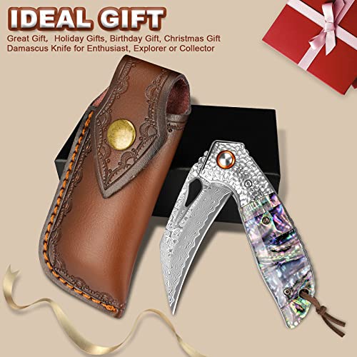 KOMWERO Damascus Pocket Knife for Men, VG10 Core Damascus Steel Folding Knife with Ball Bearing, Liner Lock, Abalone Shells Handle, Leather Sheath, Sharp EDC Knife for Gift Collection