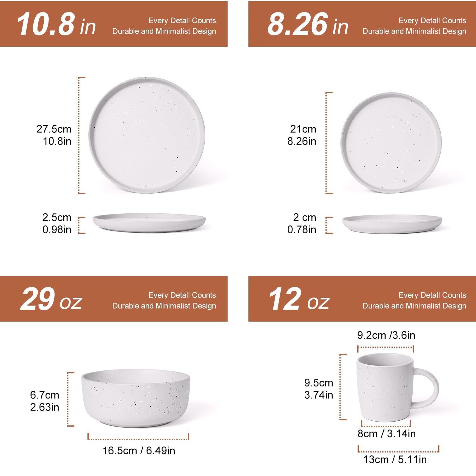 MTLWTL Dinnerware Sets, Dish Set for 4, 16 pieces Ceramic Plates and Bowls Set with Mugs, Microwave, Oven & Dishwasher Safe, White Speckled