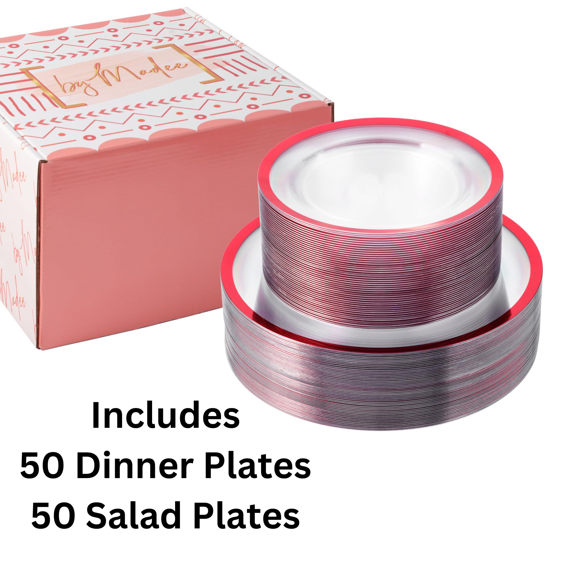 By Madee HEAVYWEIGHT 100 Pc Clear and Red Party Plates | Includes 50 Dinner & 50 Dessert Plates (50 Guests)