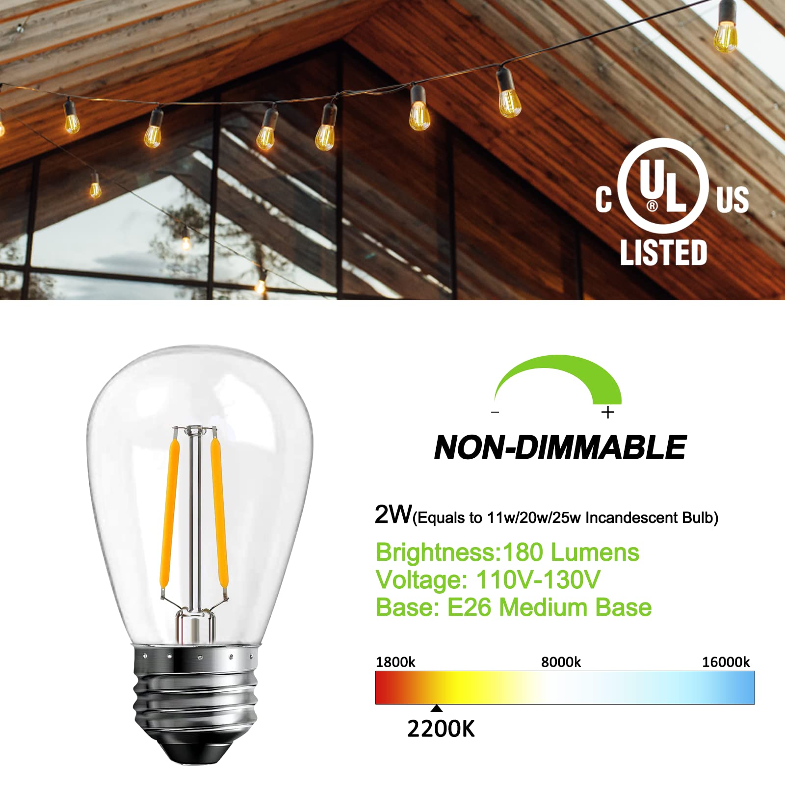 ROMANJOY LED Light Bulbs, 11-15W Equivalent Incandescent Bulbs Replacement, Waterproof Bulbs for Outdoor Patio String Lights, Vintage Edison LED Filament Bulb (S14-2W-E26-15Pack, 2200K Warm White)