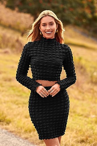 PRETTYGARDEN Women's 2024 Fall 2 Piece Outfits Mock Neck Crop Tops and Bodycon Mini Skirt Dress Sets (Black,Large)