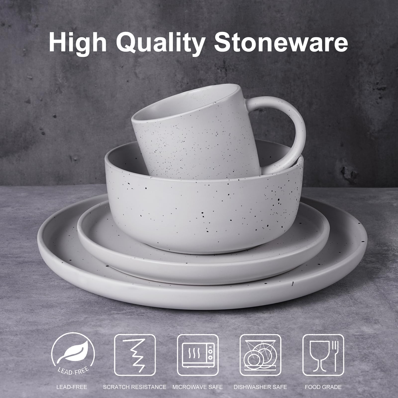 MTLWTL Dinnerware Sets, Dish Set for 4, 16 pieces Ceramic Plates and Bowls Set with Mugs, Microwave, Oven & Dishwasher Safe, White Speckled
