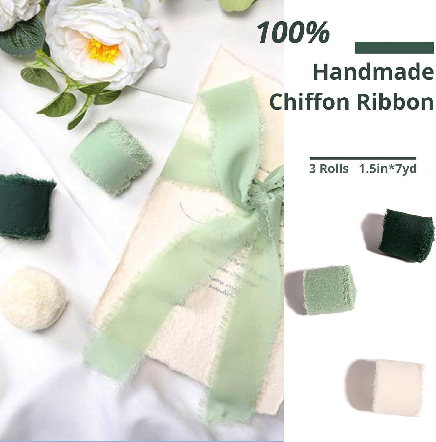 HTVRONT Chiffon Silk Ribbon 1.5" x 7Yd Soft Handmade Fringe Frayed Edged Baby Shower Bridal Bouquets Wedding Invitation Decor (Cream & Green)