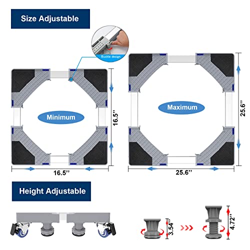 Fridge Stand Universal Mobile Base Movable Washing Machine Base Stand Adjustable Washer Dryer Refrigerator Bases Appliance Dolly Square with 4 Locking Dual-wheel and 8 Lifting Feet (Single-tube)