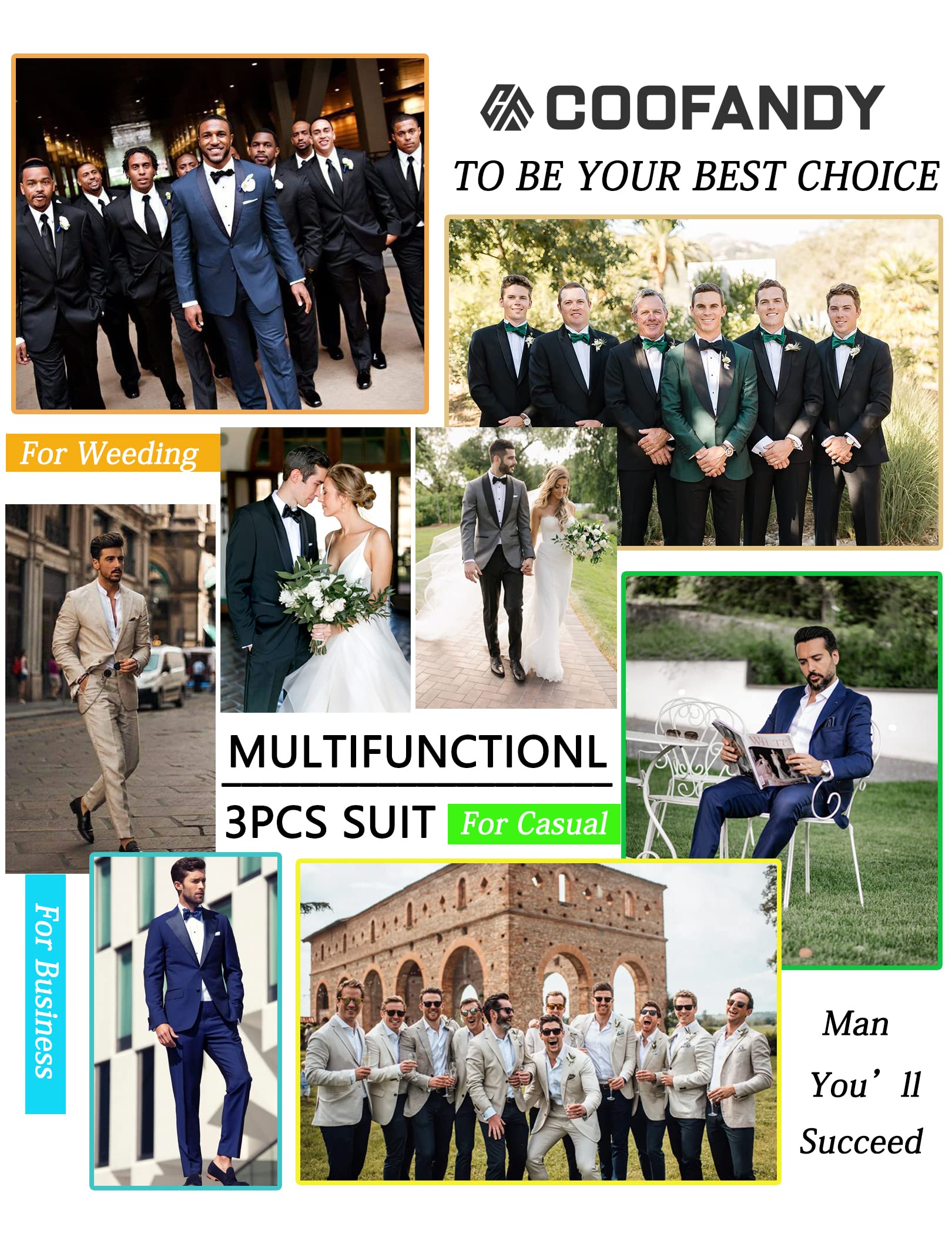 COOFANDY Mens Suits 3 Piece Casual Suit Jacket Regular Fit Tuxedo Set for Wedding Dinner Prom Navy Blue