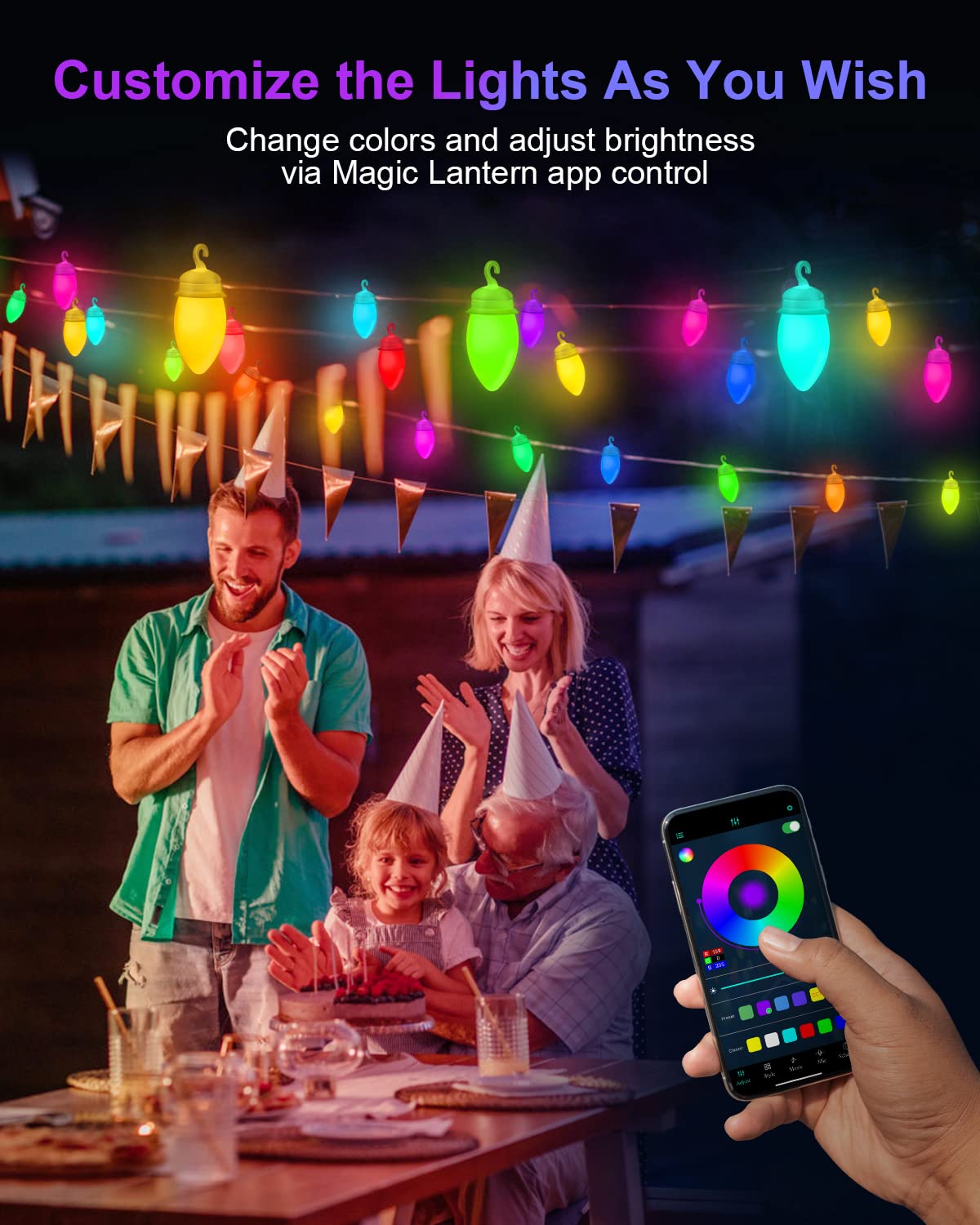 JIMIMORO Smart Outdoor String Lights - 48FT RGB Patio Lights with 20 Dimmable IP65 Waterproof Warm White LED Bulbs APP & Remote Control Patio String Lights for Outside Balcony Backyard Party Cafe B