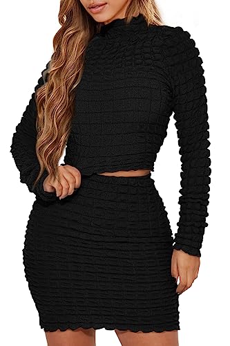 PRETTYGARDEN Women's 2024 Fall 2 Piece Outfits Mock Neck Crop Tops and Bodycon Mini Skirt Dress Sets (Black,Large)